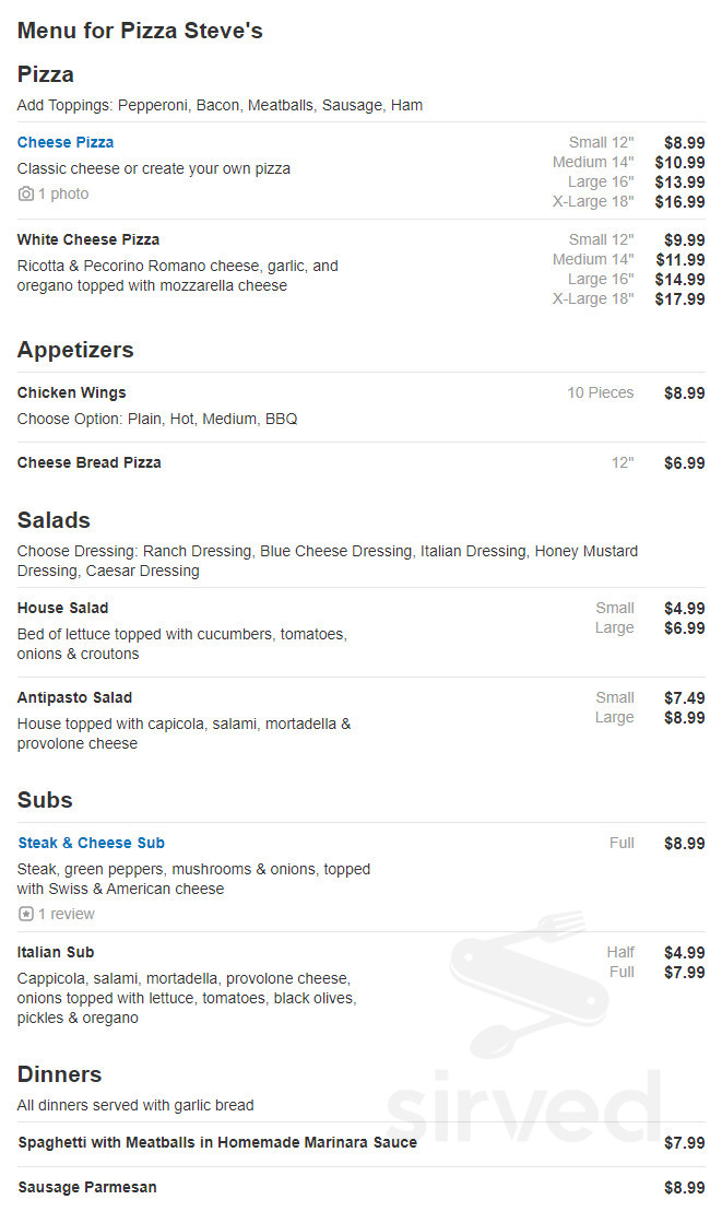 Pizza Steve's menu in Naples, Florida, USA