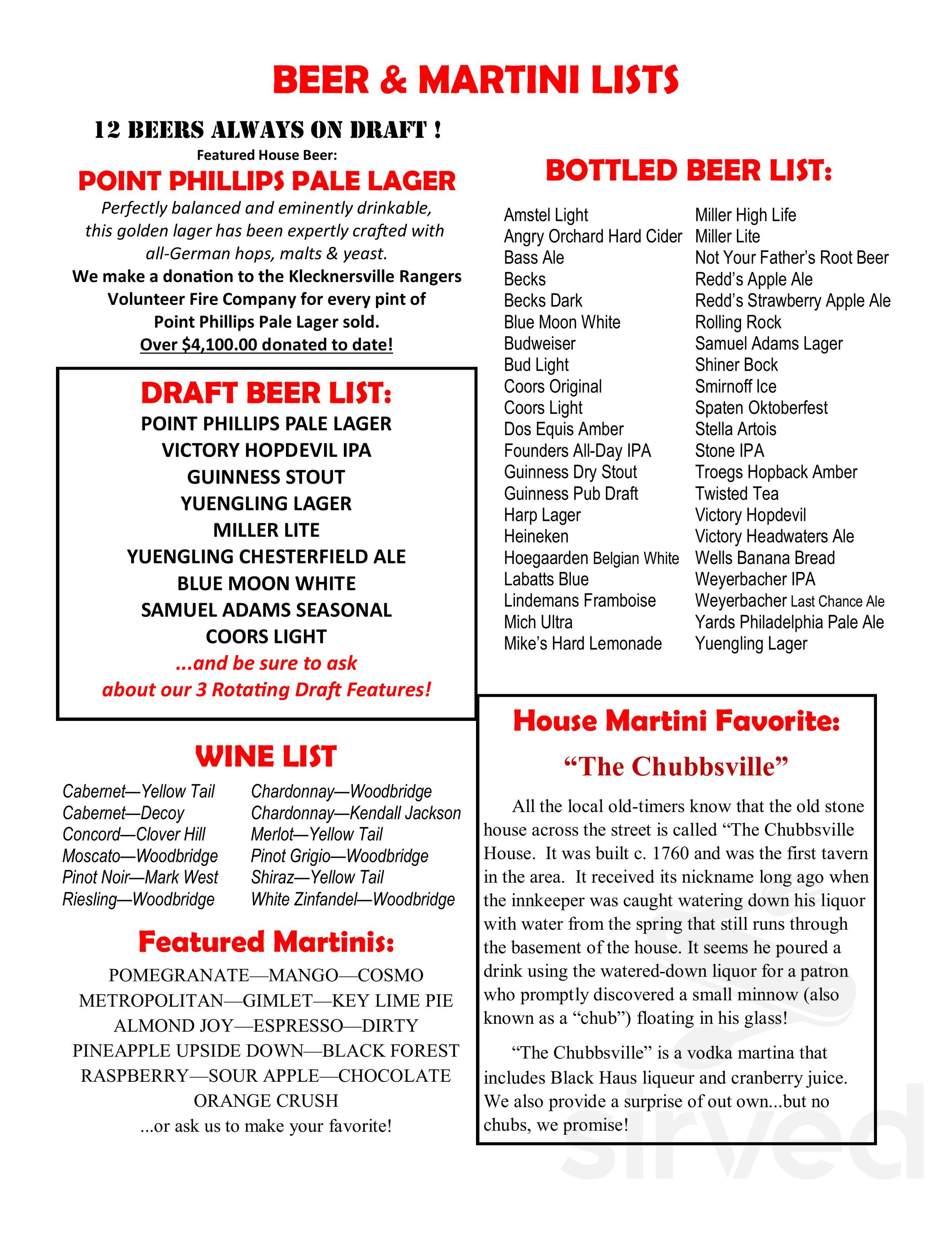 Point Phillips Hotel menu in Bath, Pennsylvania, USA