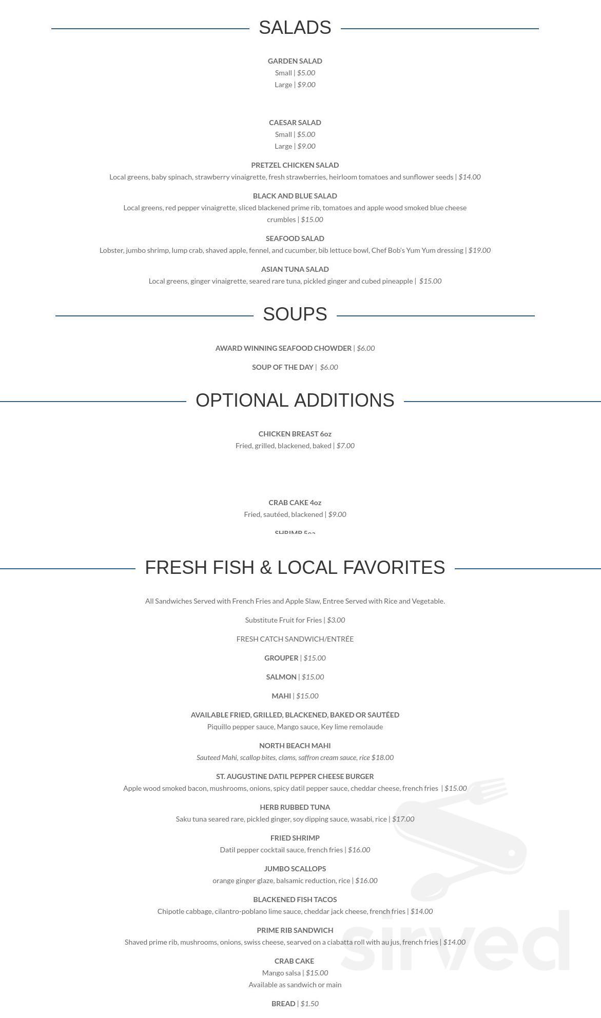 The Reef menu in St. Augustine, Florida, USA