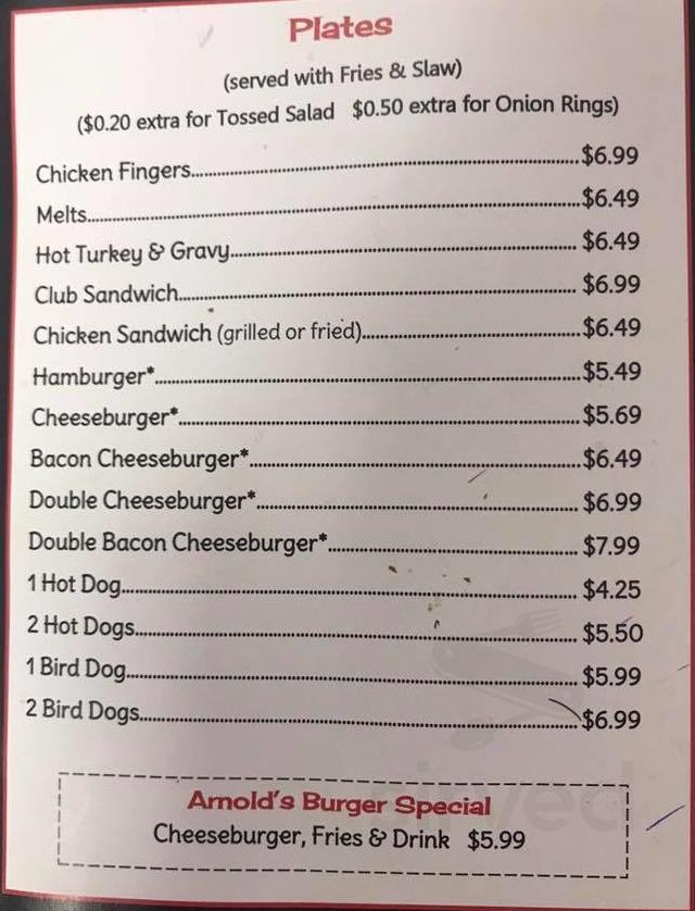 Menu - Anderson SC's Arnold's of Anderson - Famous Homemade Hamburgers ...