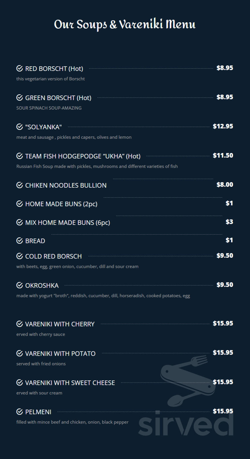 Tatiana Grill menu in Brooklyn, New York, USA