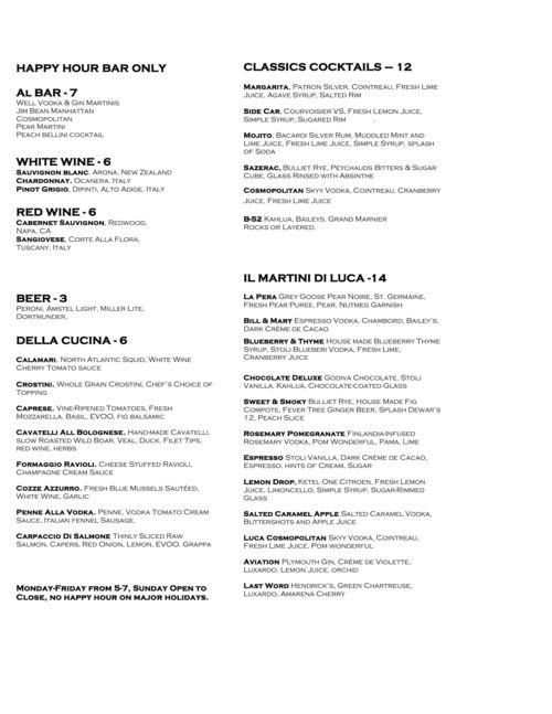 Luca Italian Cuisine menu in Cleveland, Ohio, USA