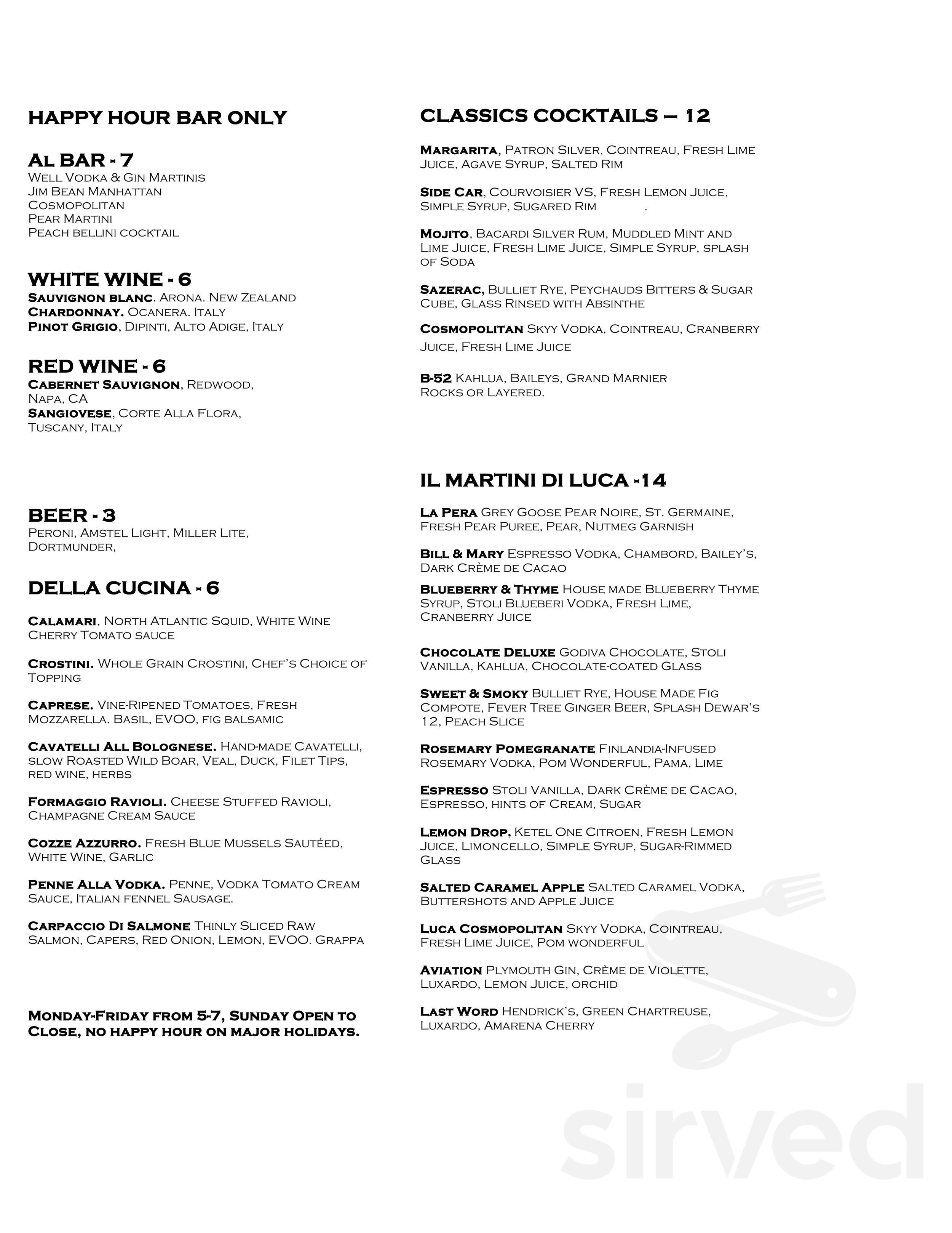 Luca Italian Cuisine menu in Cleveland, Ohio, USA