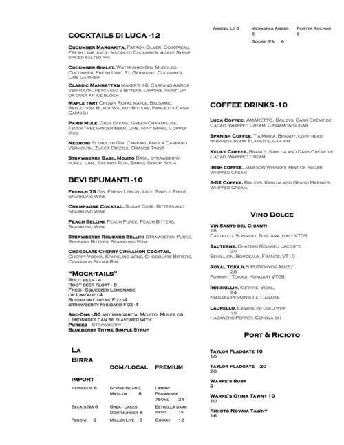 Luca Italian Cuisine menu in Cleveland, Ohio, USA