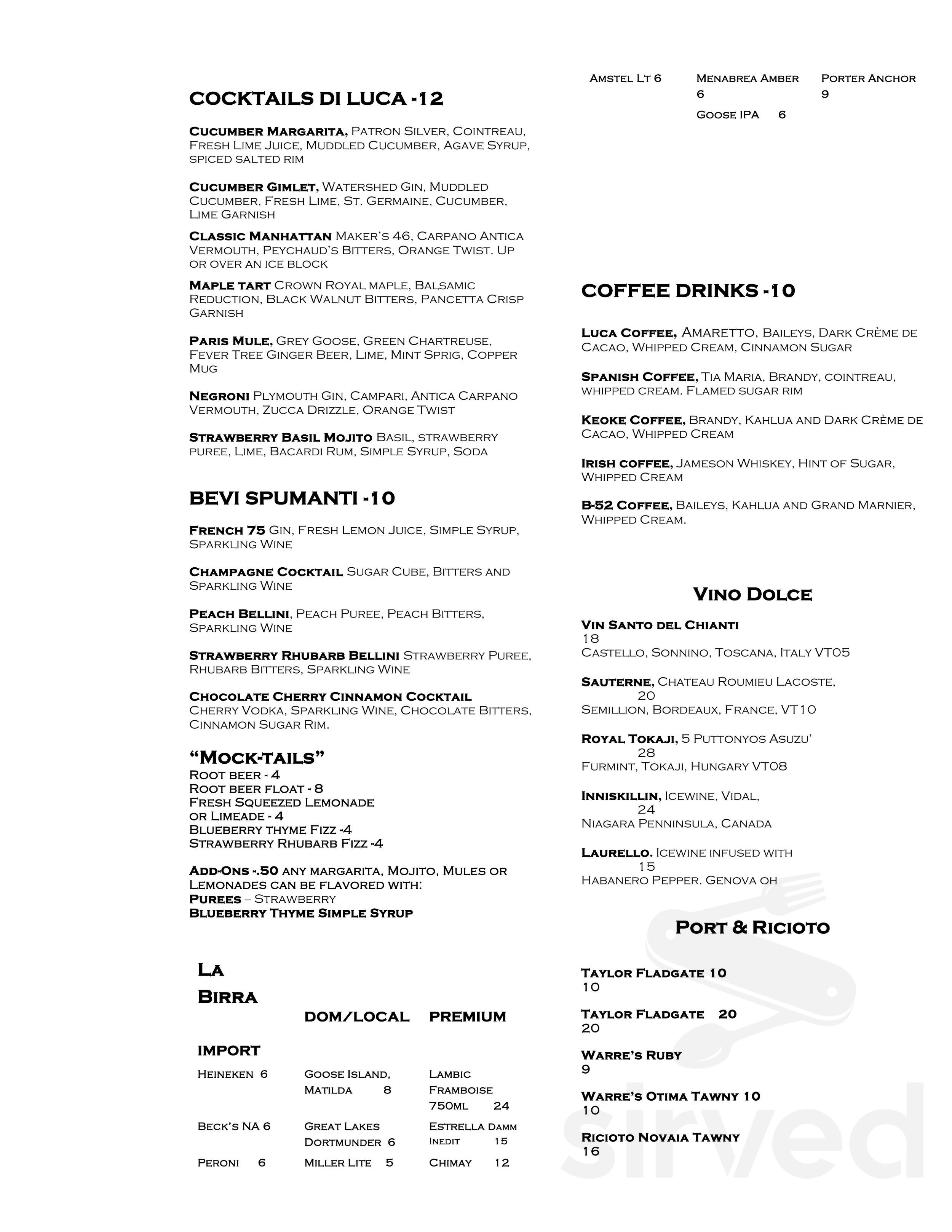 Luca Italian Cuisine menu in Cleveland, Ohio, USA