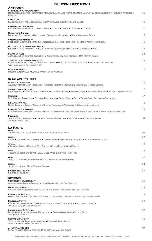 Luca Italian Cuisine menu in Cleveland, Ohio, USA