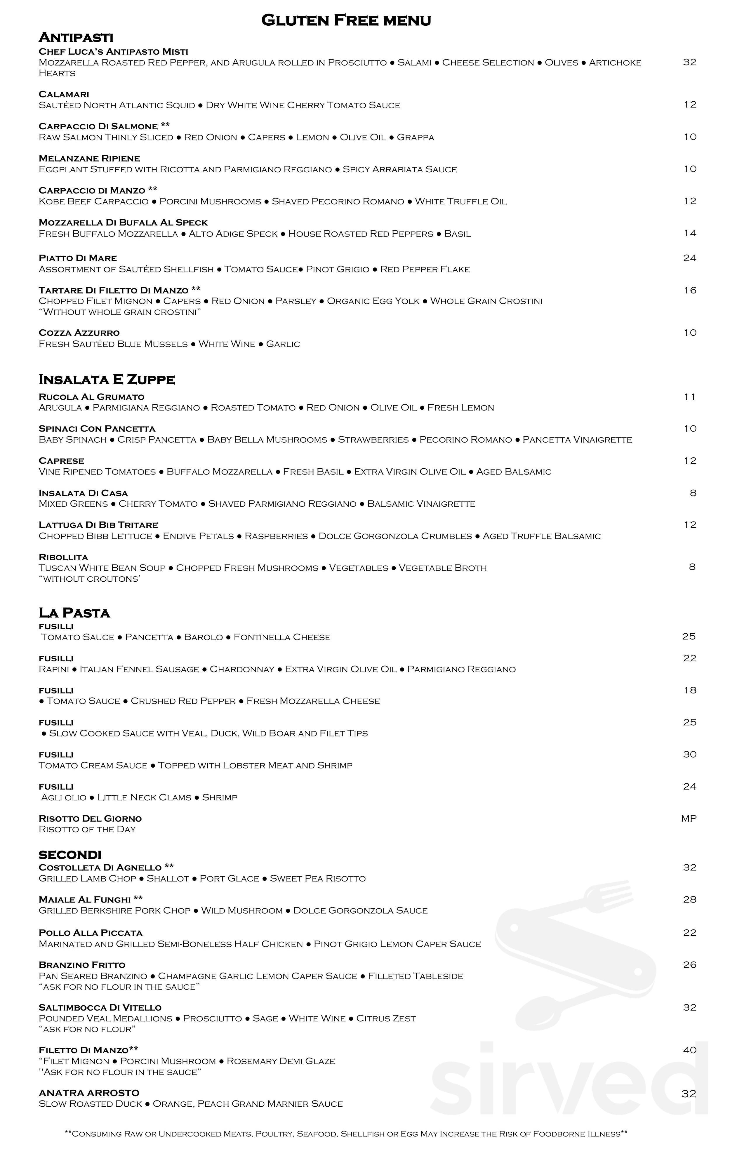 Luca Italian Cuisine menu in Cleveland, Ohio, USA