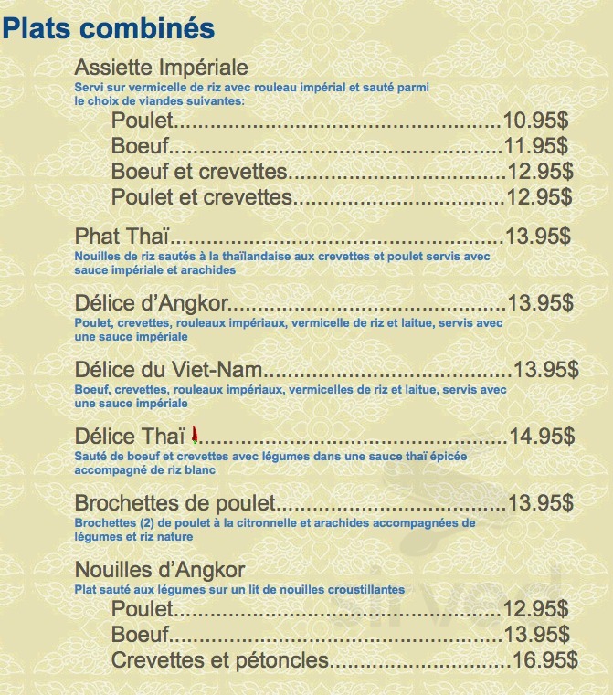 Restaurant Angkor Thom menu in L'Ancienne-Lorette, Quebec, Canada