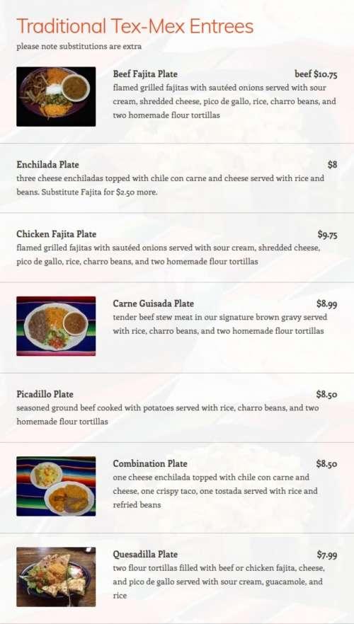 Tejas Taco House menu in Houston, Texas, USA