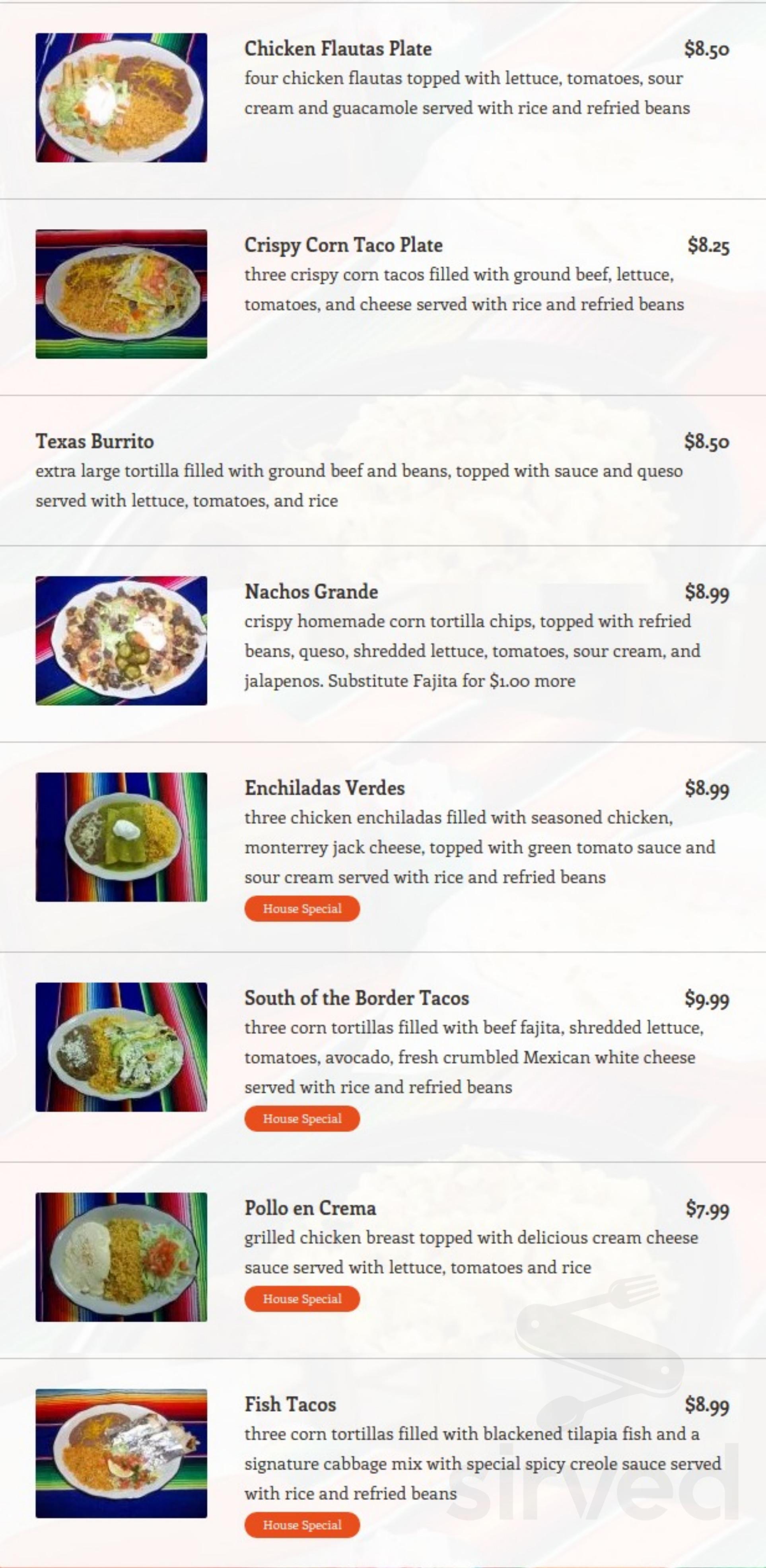 Tejas Taco House menu in Houston, Texas, USA