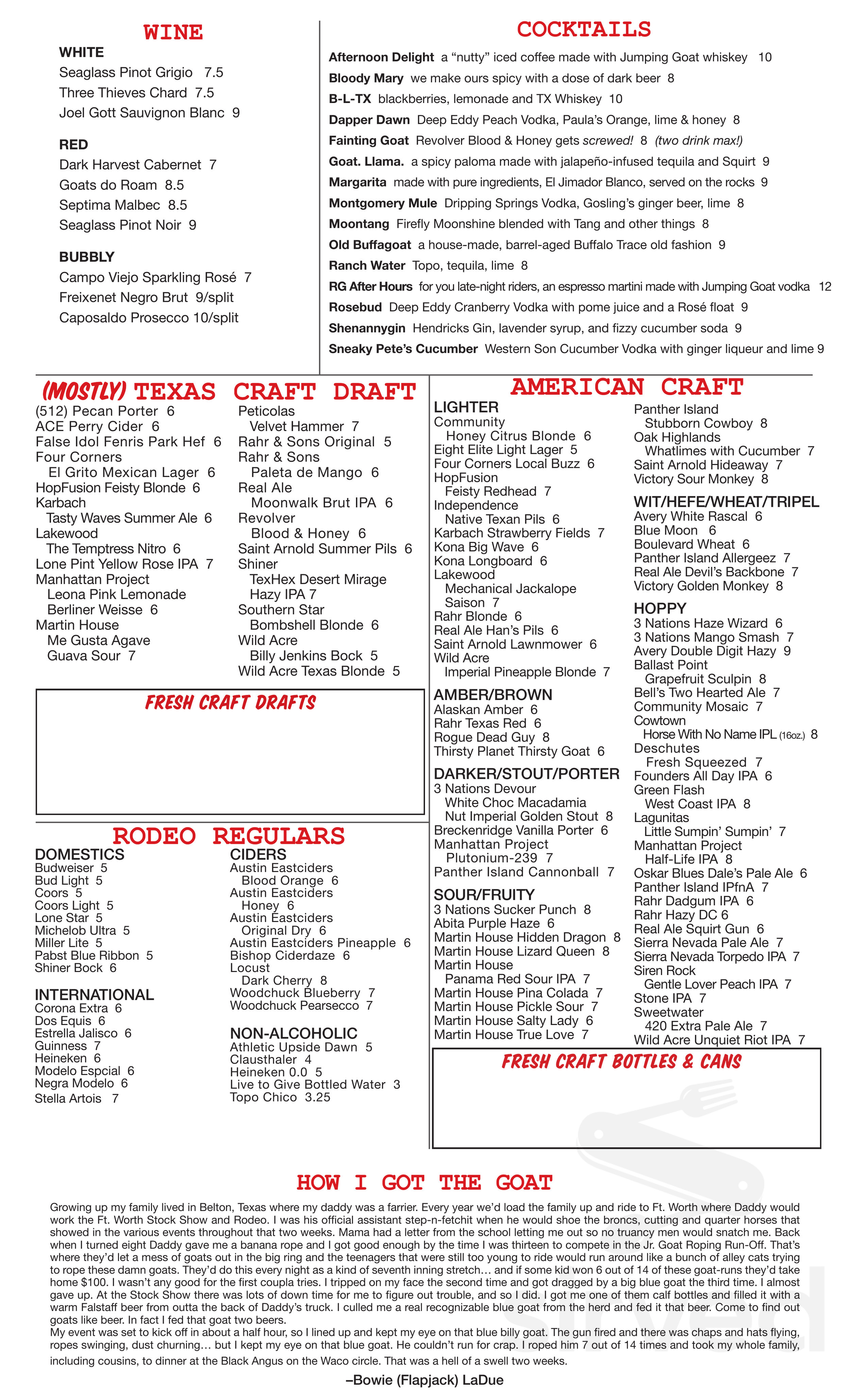 Menu - Plano TX's Rodeo Goat | Sirved
