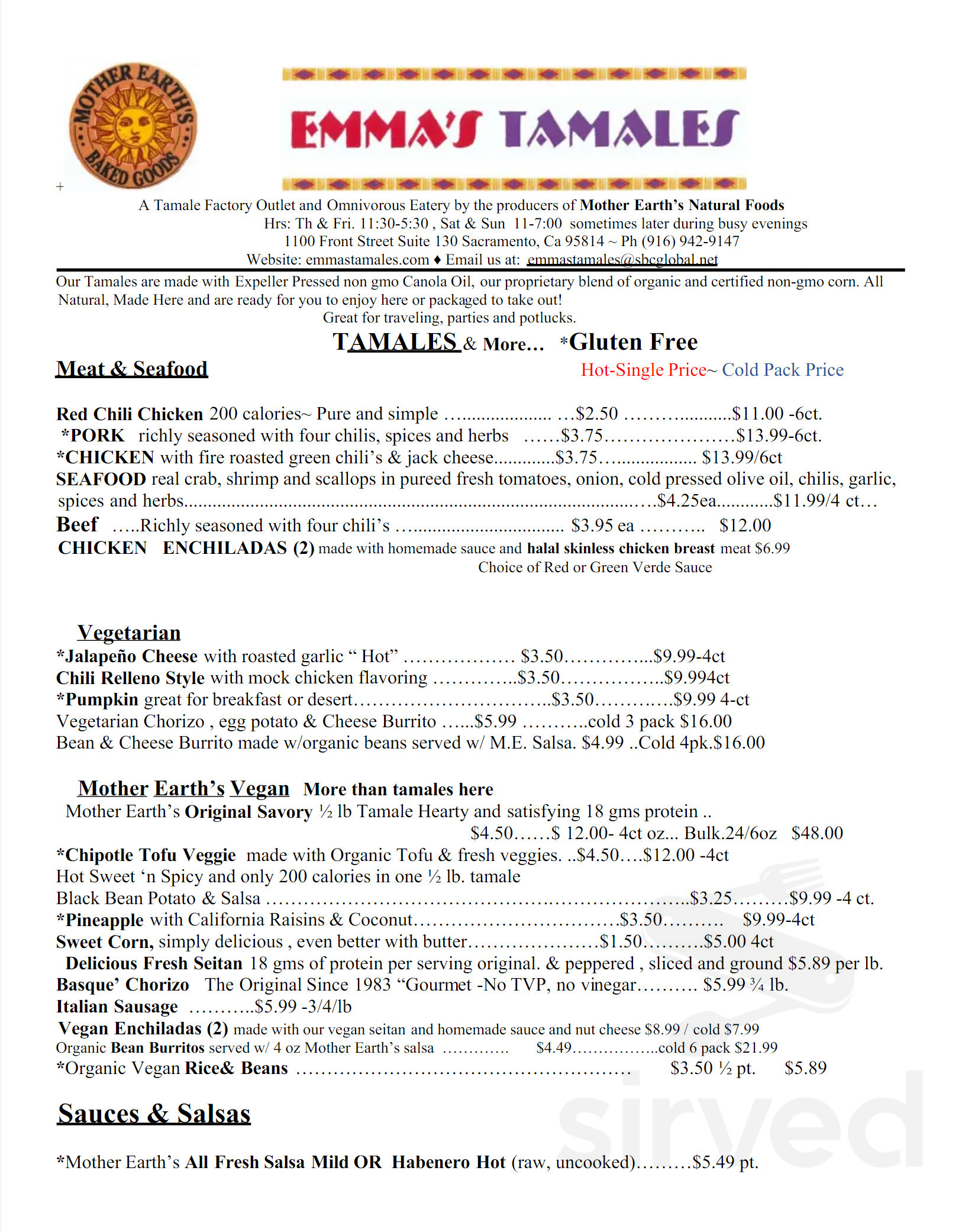Menu - Sacramento CA's Emma’s Tamales | Sirved
