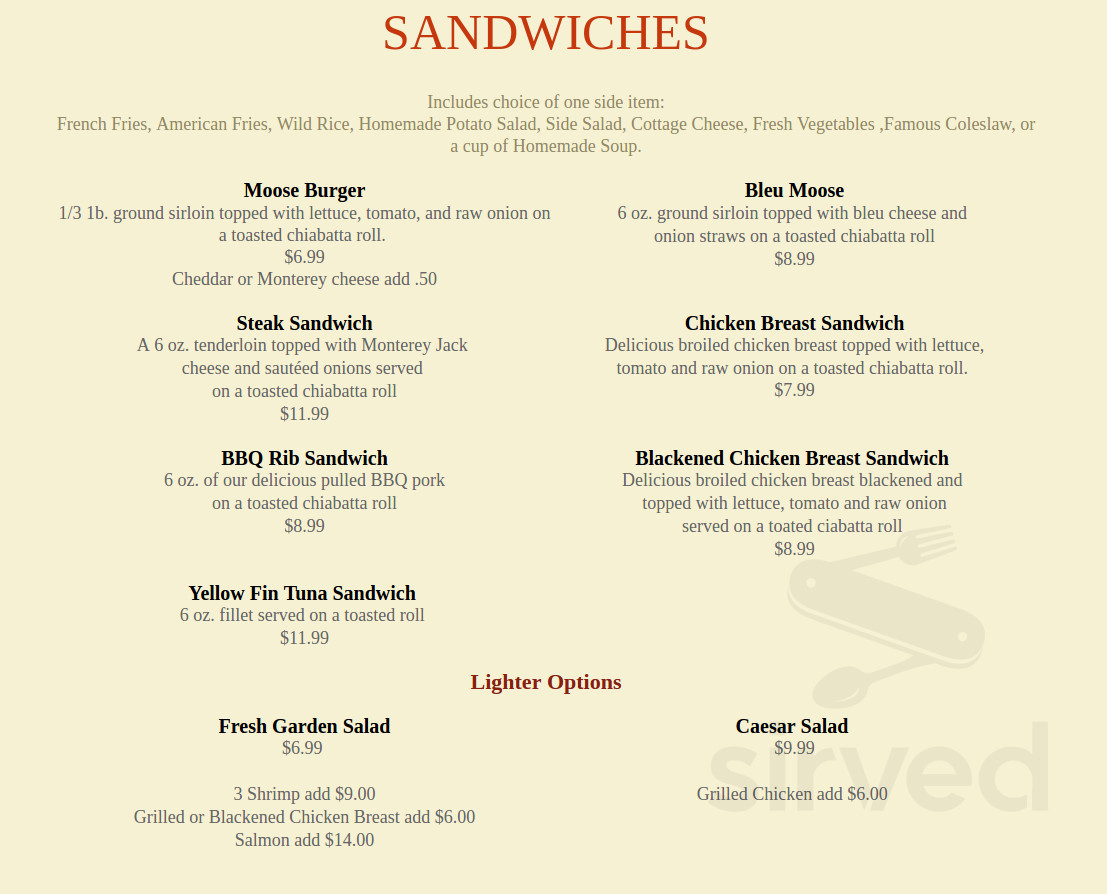 Moose Inn menu in Wautoma, Wisconsin, USA