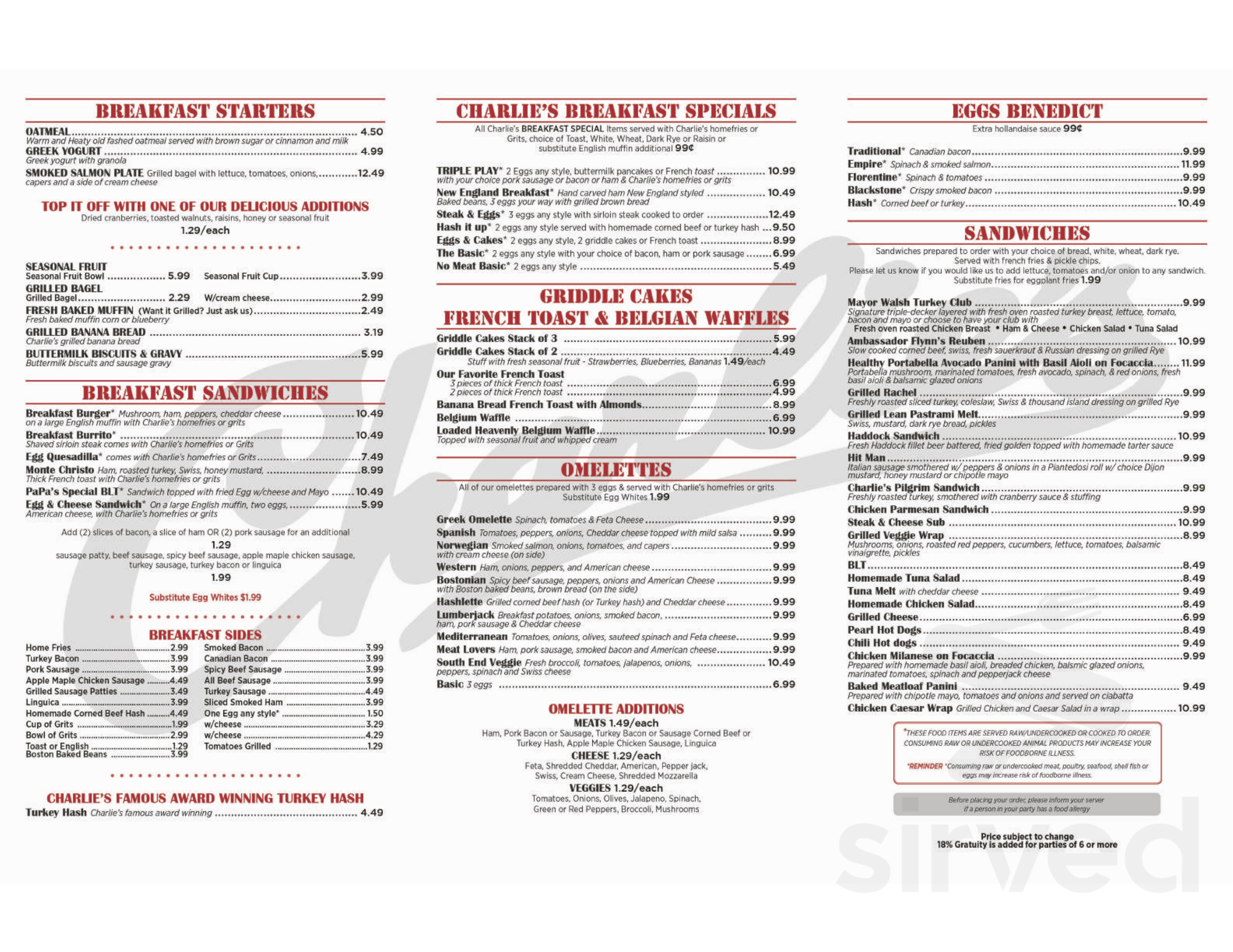 Charlie's Sandwich Shoppe menu in Boston, Massachusetts, USA