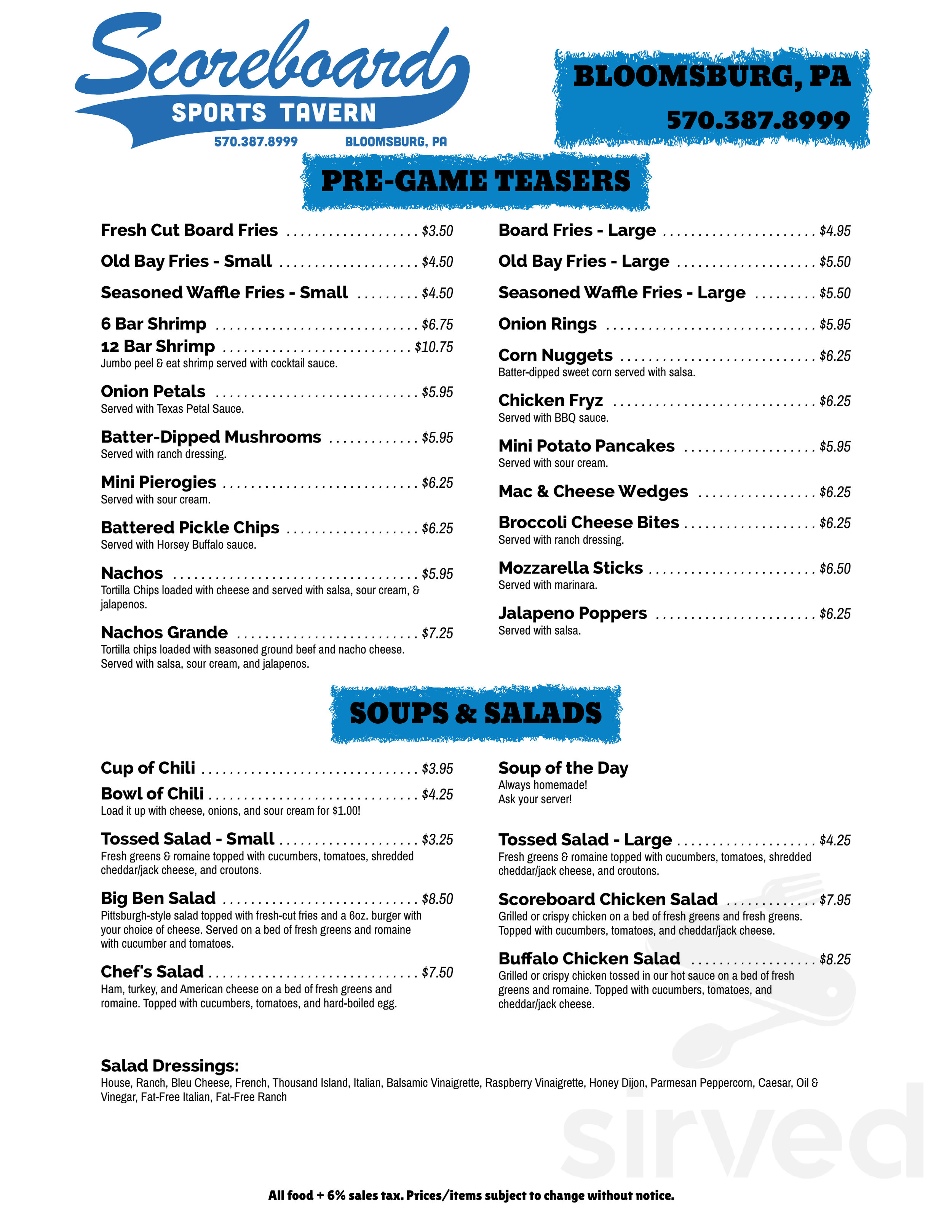 Scoreboard Sports Tavern menu in Bloomsburg, Pennsylvania, USA