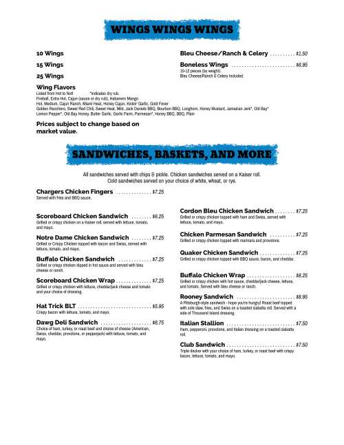 Scoreboard Sports Tavern menu in Bloomsburg, Pennsylvania, USA