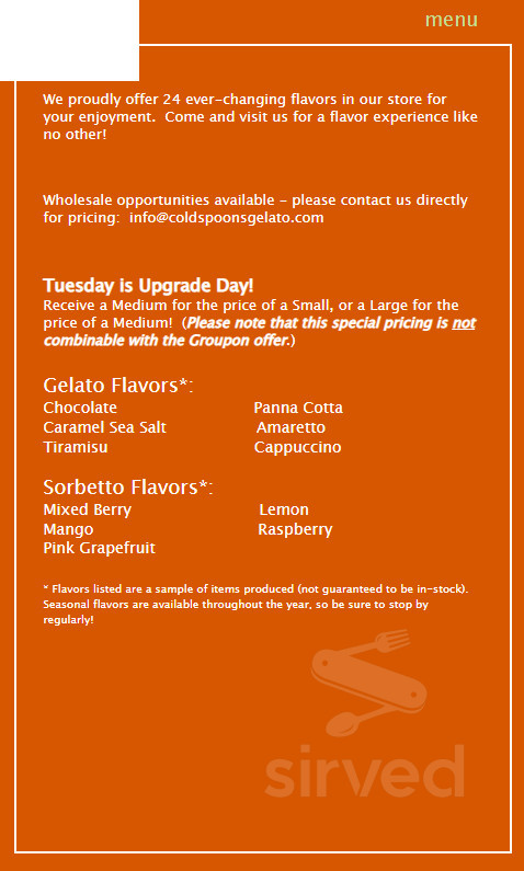 Cold Spoons Gelato menu in Milwaukee, Wisconsin, USA