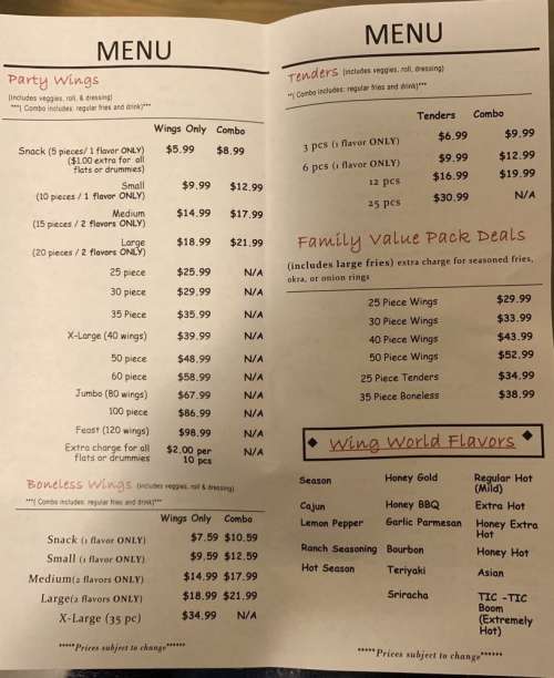 T & T Wing World menu in Cordova, Tennessee, USA