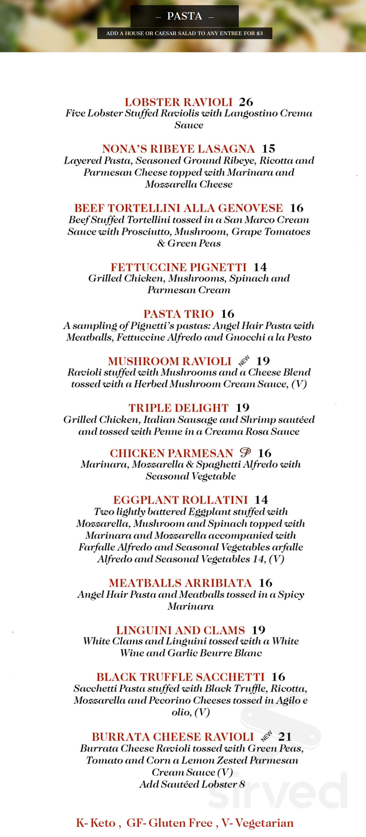 Menu - Temple TX's Pignetti's | Sirved