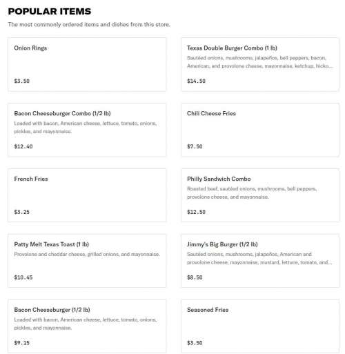 JIMMY'S BIG BURGERS menu in Arlington, Texas, USA