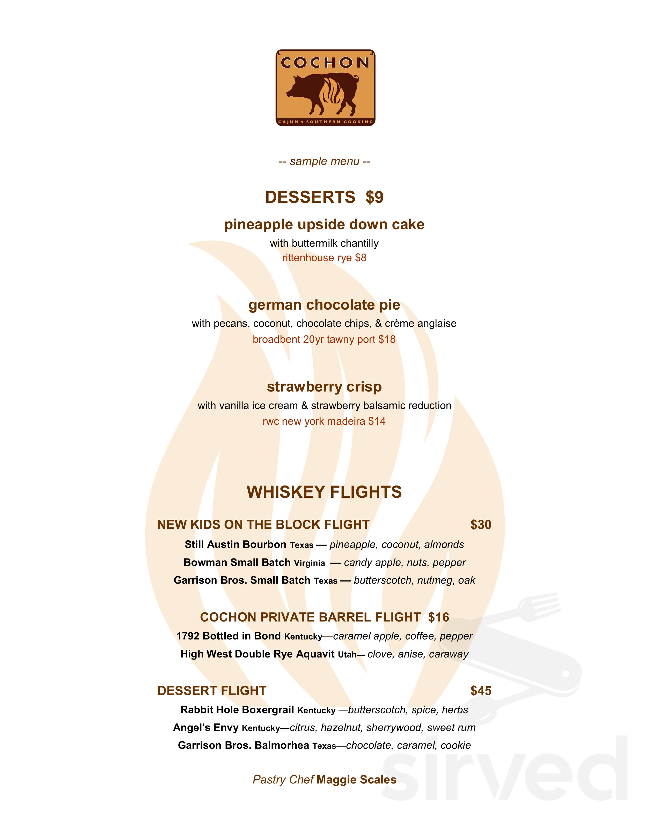 Cochon Restaurant menu in New Orleans, Louisiana, USA