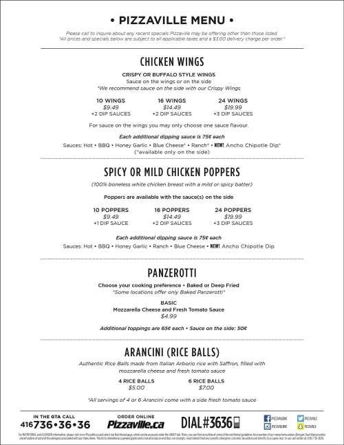Pizzaville menu in Barrie, Ontario, Canada