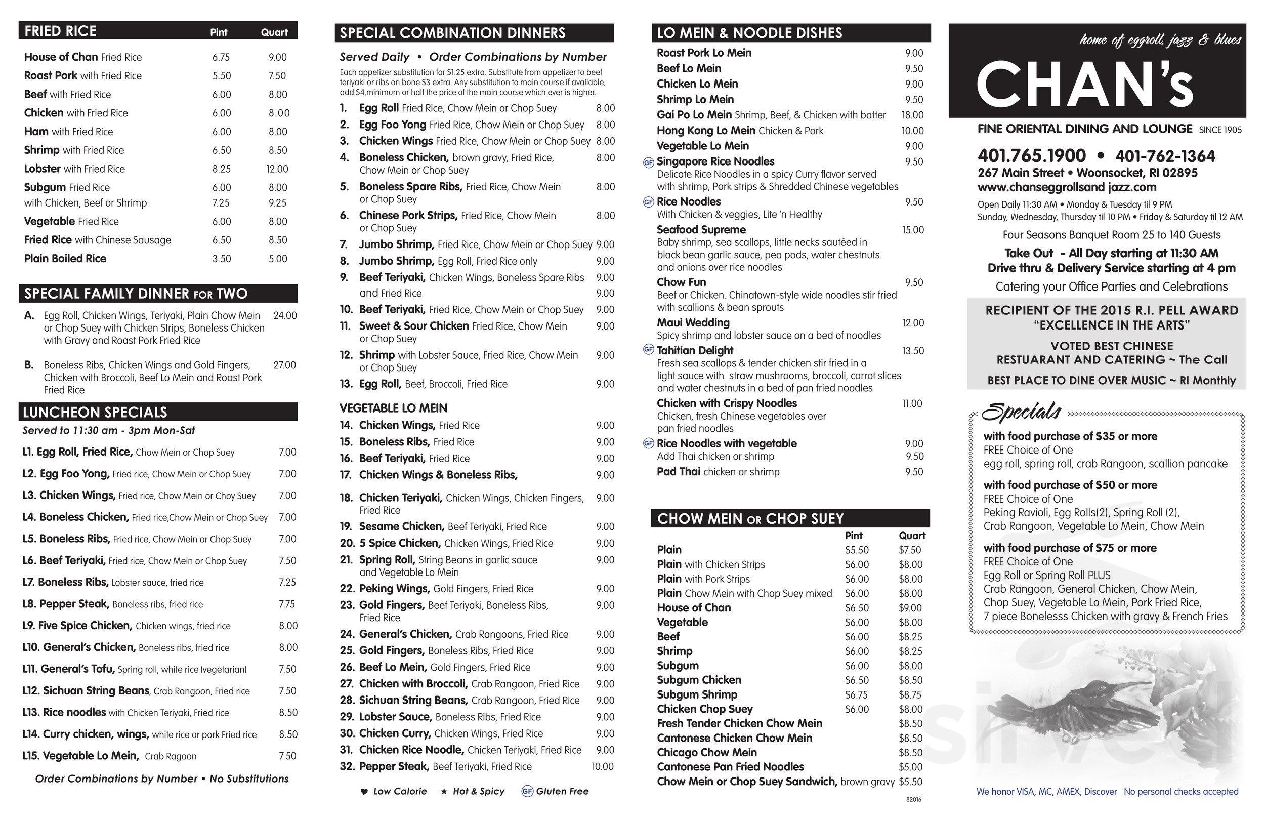 Chan's Fine Oriental Dining menu in Woonsocket, Rhode Island, USA