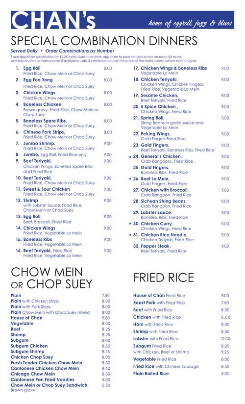 Chan's Fine Oriental Dining menu in Woonsocket, Rhode Island, USA