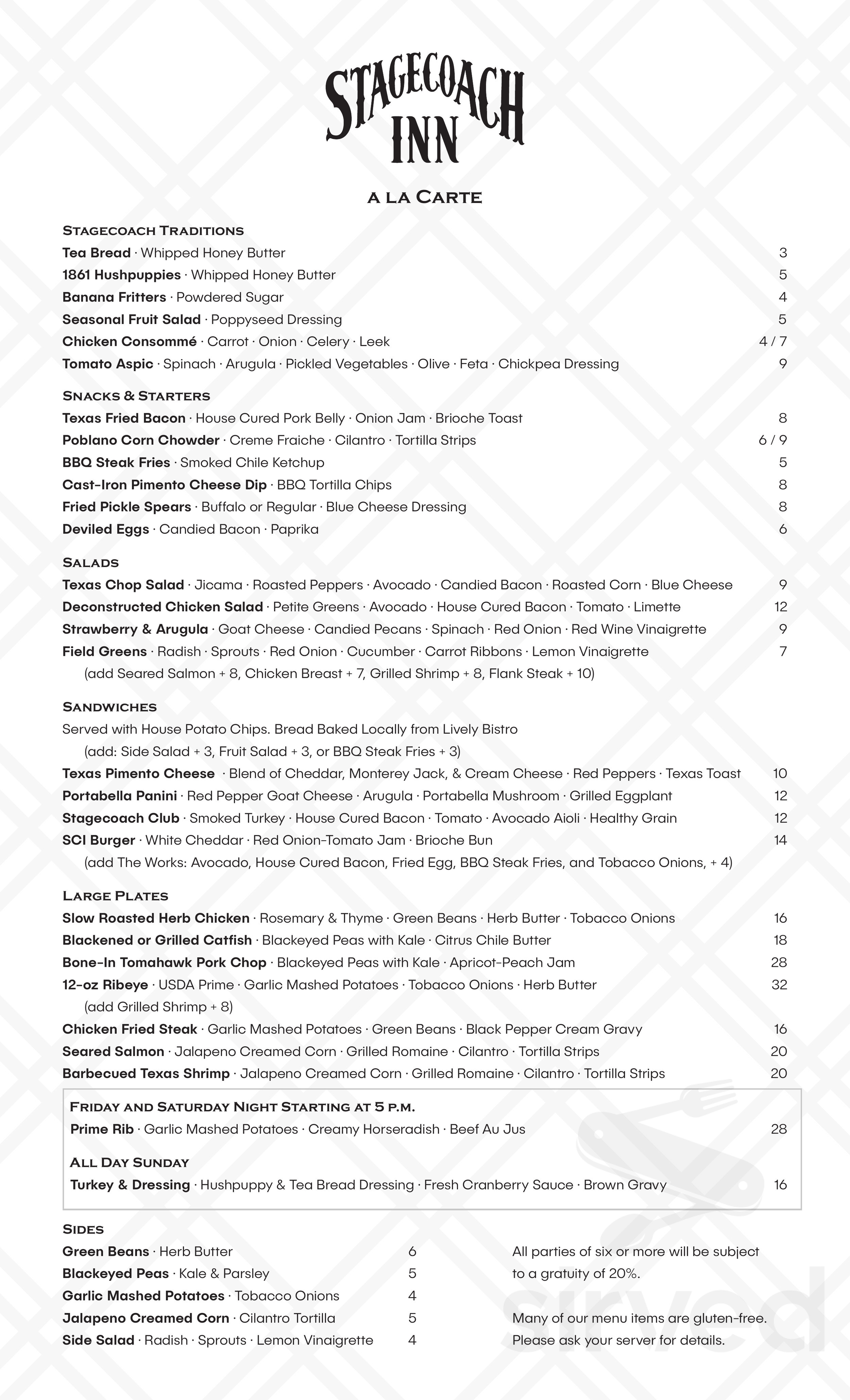 Shady Villa Hotel menu in Salado, Texas, USA