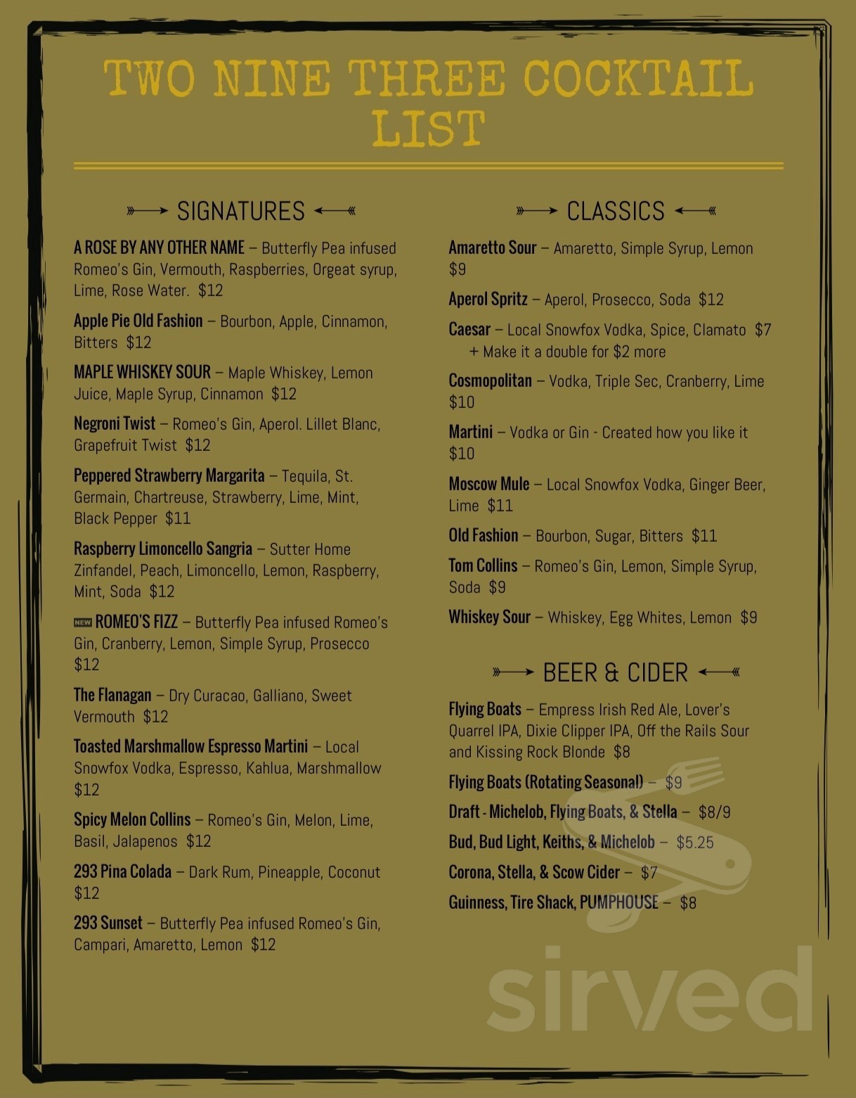 Tait House Boutique Hotel & Two Nine Three Whiskey and Cockt menu in ...