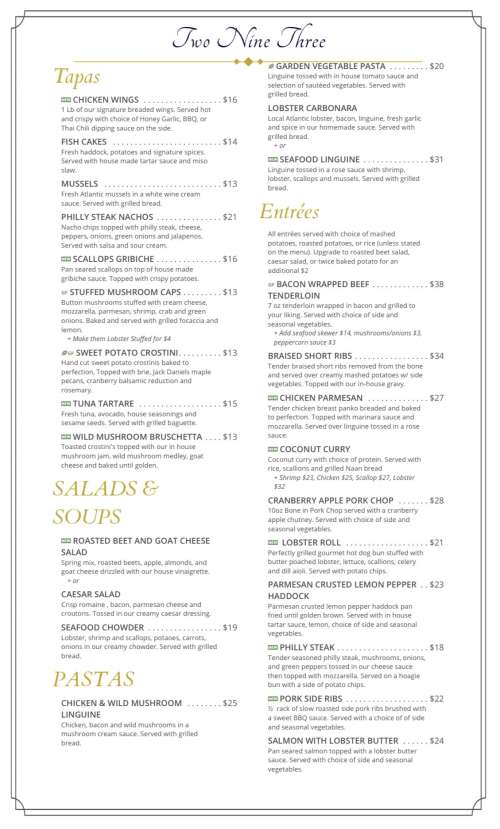Tait House Boutique Hotel & Two Nine Three Whiskey and Cockt menu in ...