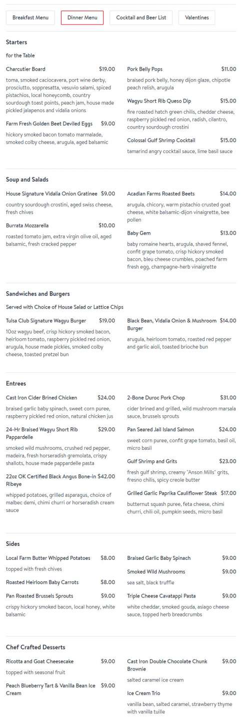 Chamber at Tulsa Club Hotel menu in Tulsa, Oklahoma, USA