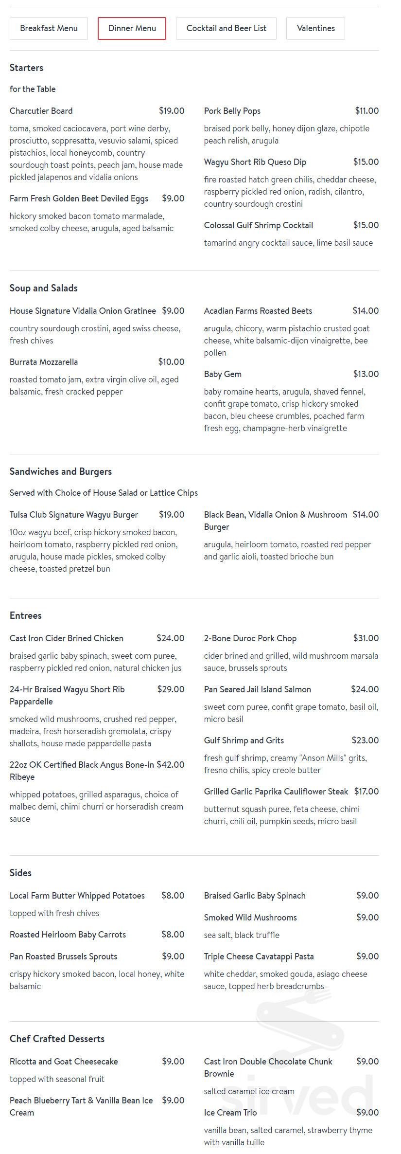 Chamber at Tulsa Club Hotel menu in Tulsa, Oklahoma, USA