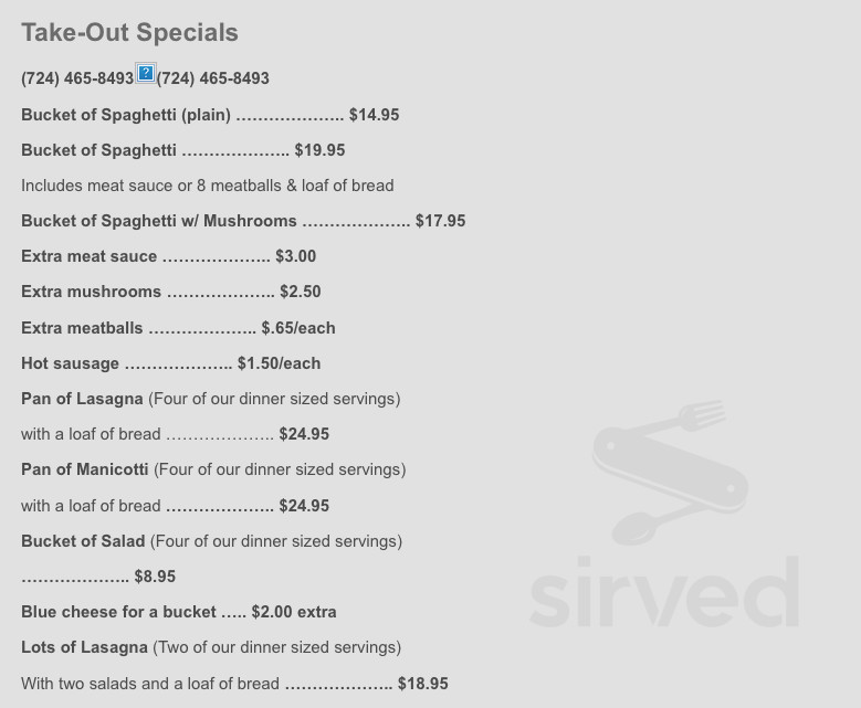 Menu for Bruno's Italian Restaurant in Indiana, PA | Sirved