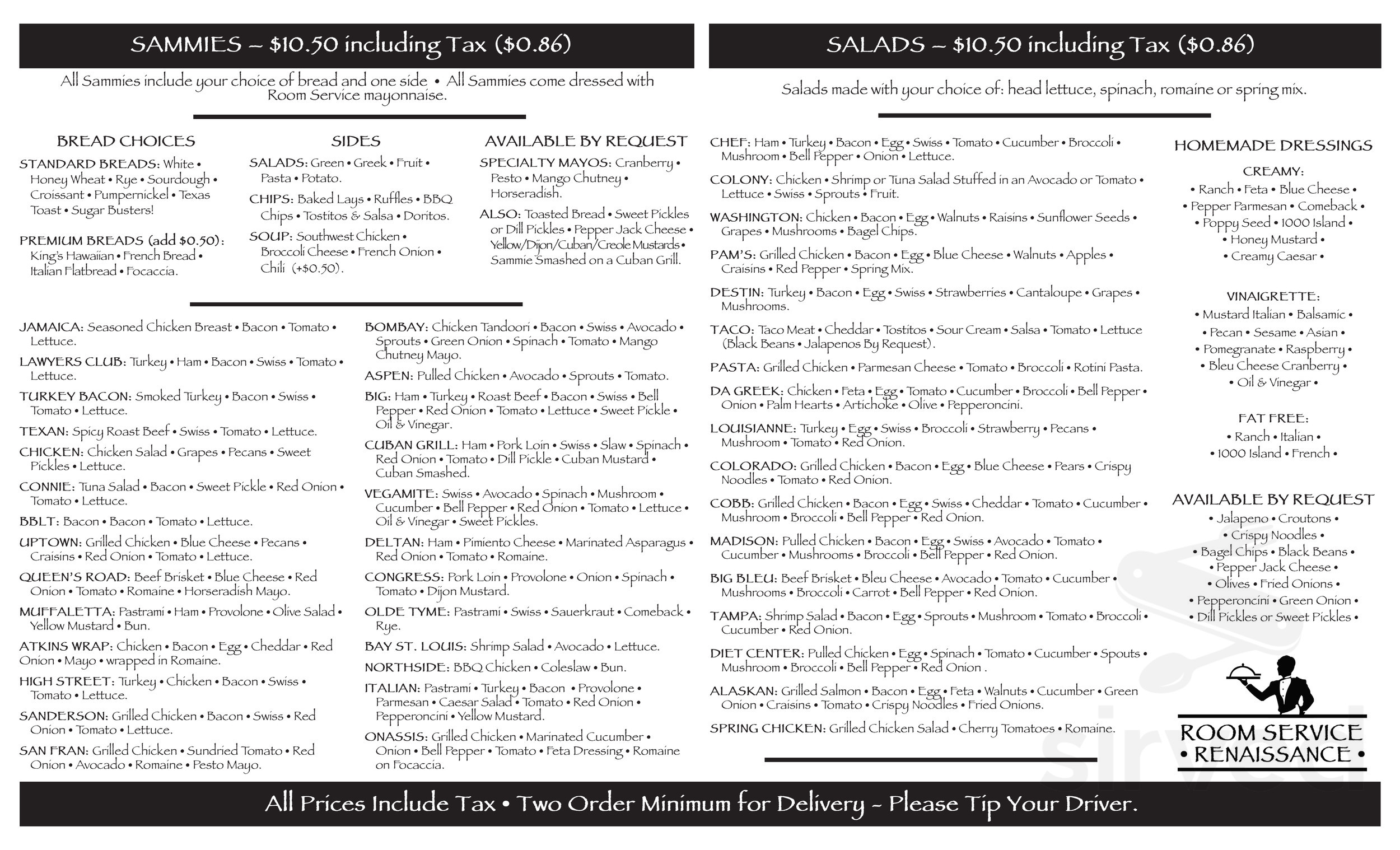 Room Service Renaissance menu in Ridgeland, Mississippi, USA