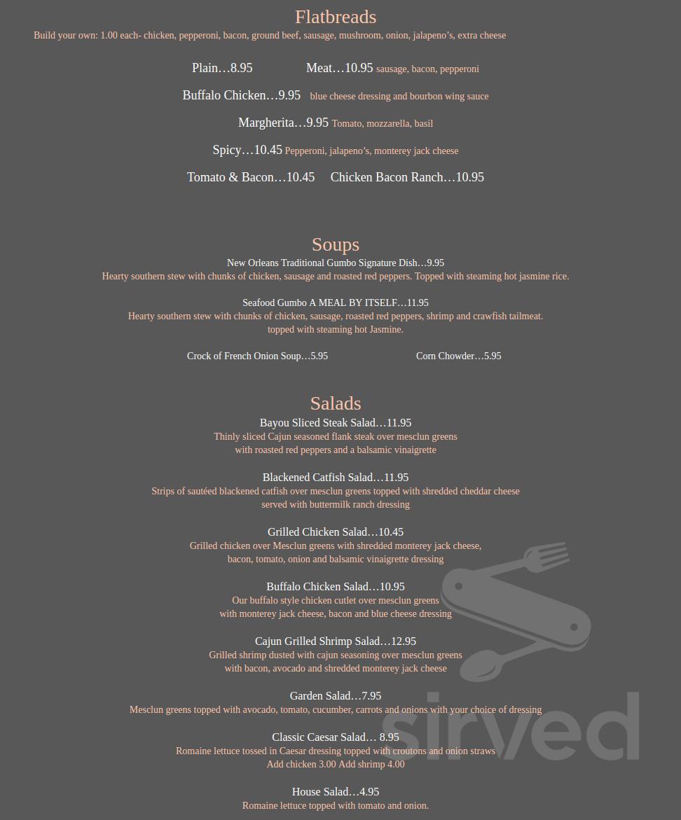 Menu - Monroe NY's Bourbon Street Bar & Grill | Sirved