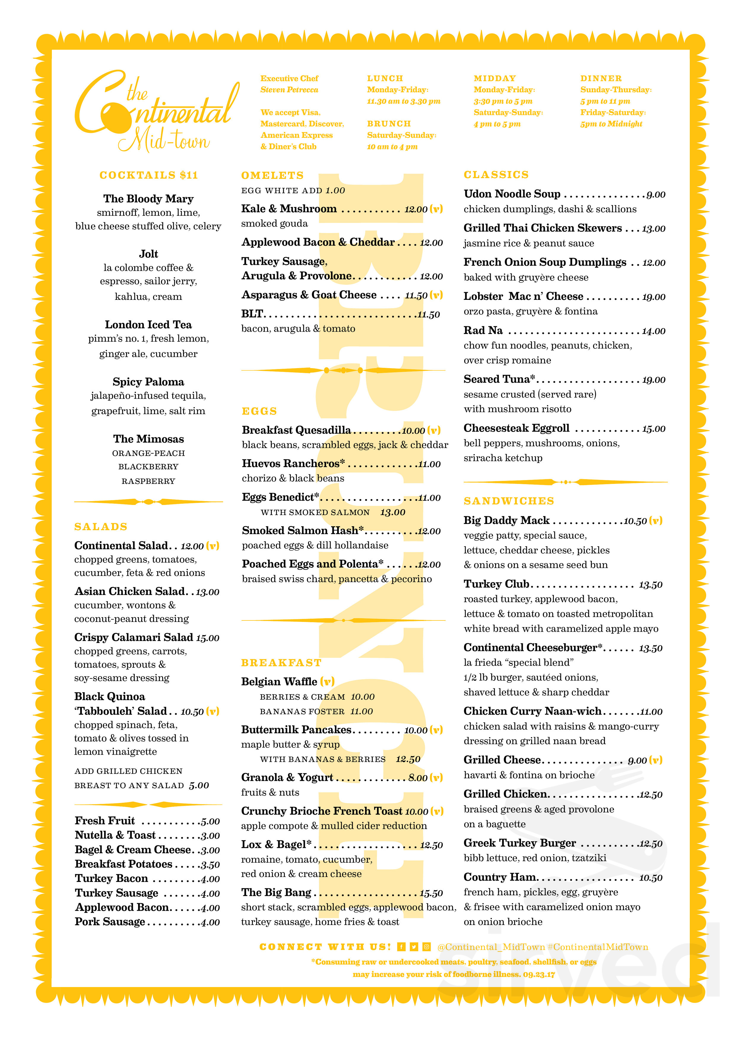 The Continental Mid-town menu in Philadelphia, Pennsylvania, USA