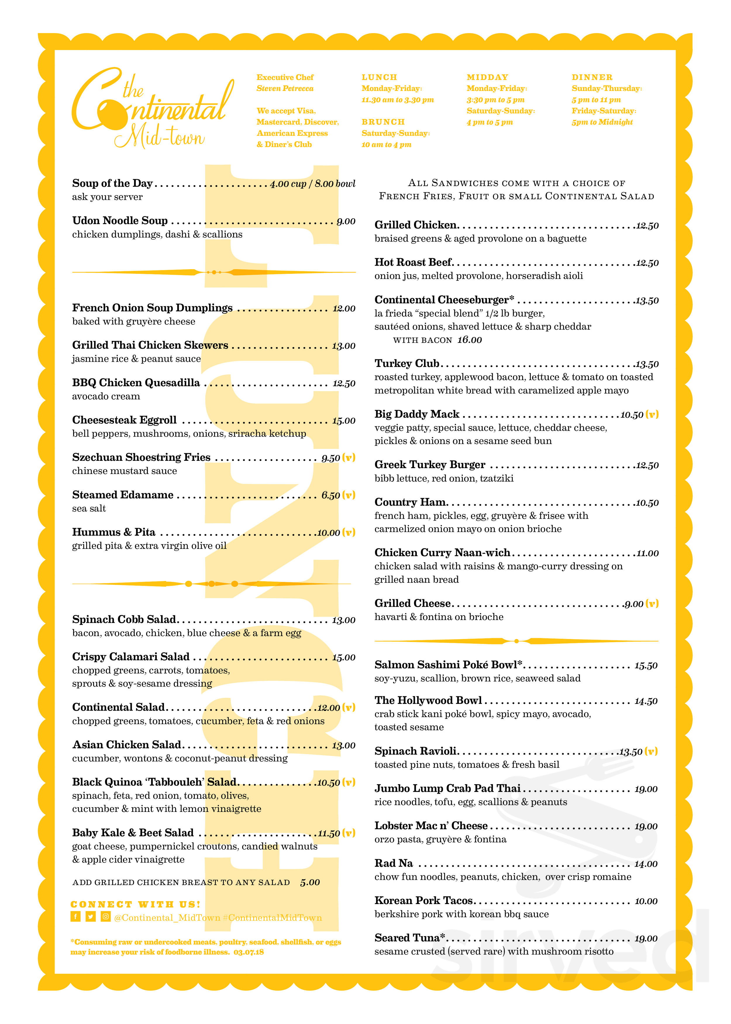 The Continental Mid-town menu in Philadelphia, Pennsylvania, USA