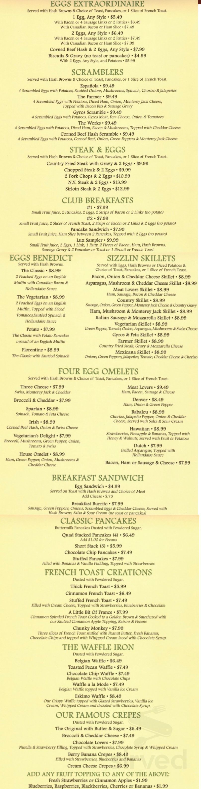 Lux Cafe Menu - Goshen, Indiana | Sirved
