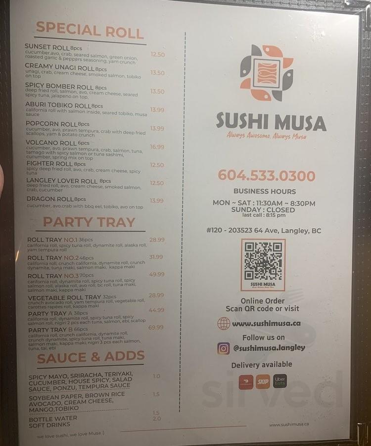 Sushi Musa menu in Langley Twp, British Columbia, Canada