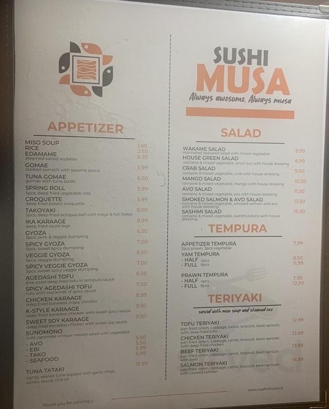 Sushi Musa menu in Langley Twp, British Columbia, Canada