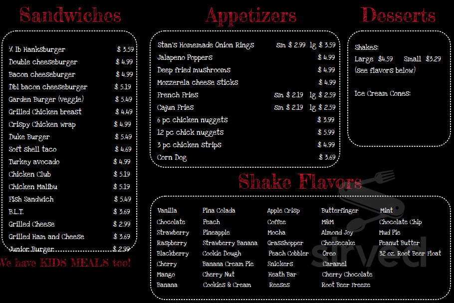 Stan's Burger Shak menu in Hanksville, Utah, USA