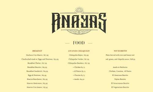ANAYA'S RESTAURANT menu in Pasadena, California, USA