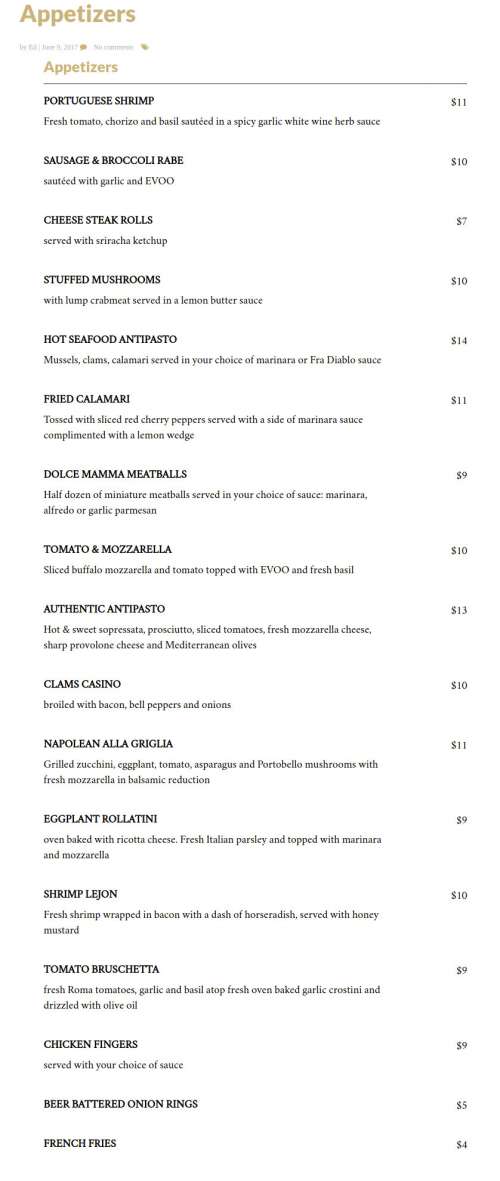 Dolce Mamma menu in Bethlehem, Pennsylvania, USA