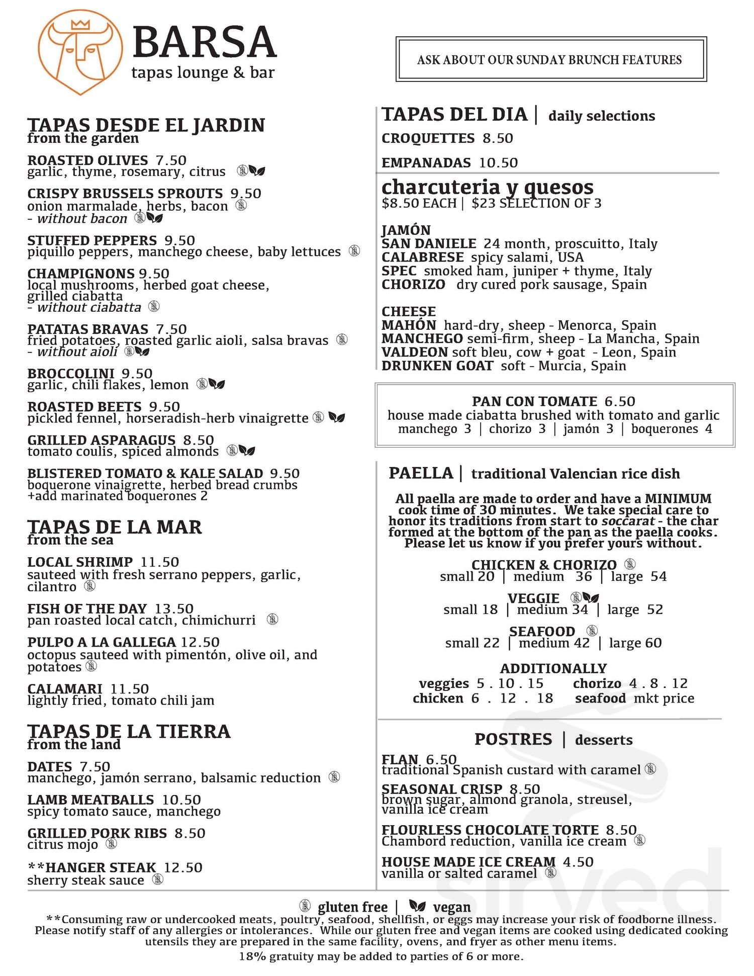Barsa Tapas Lounge & Bar menu in Charleston, South Carolina, USA