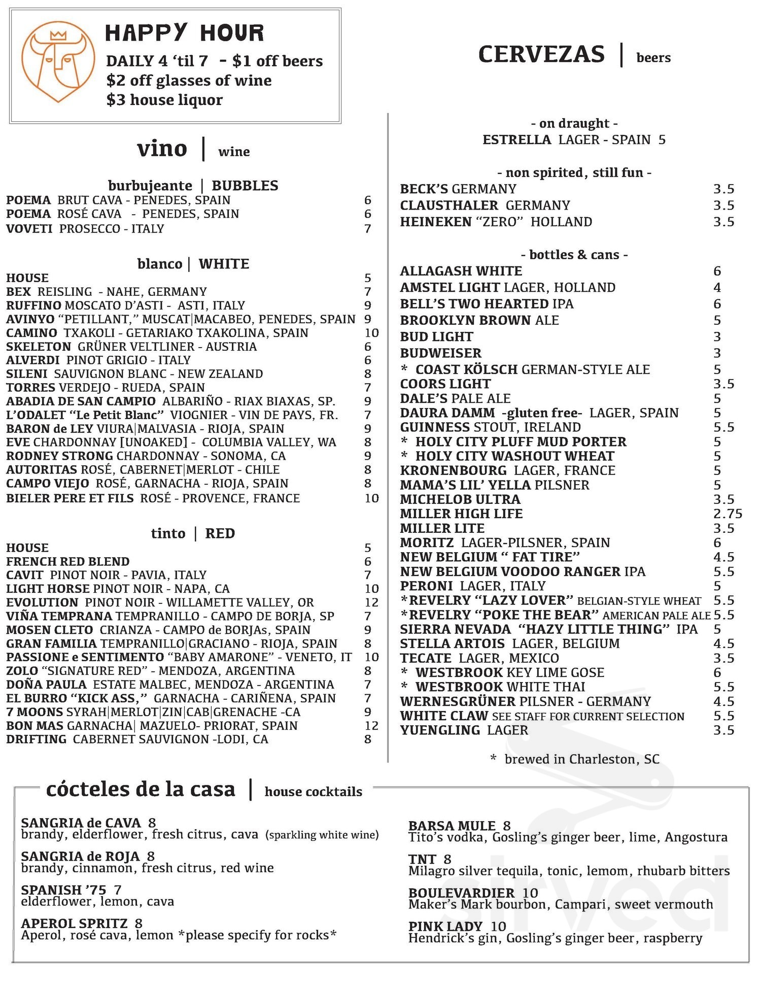 Barsa Tapas Lounge & Bar menu in Charleston, South Carolina, USA