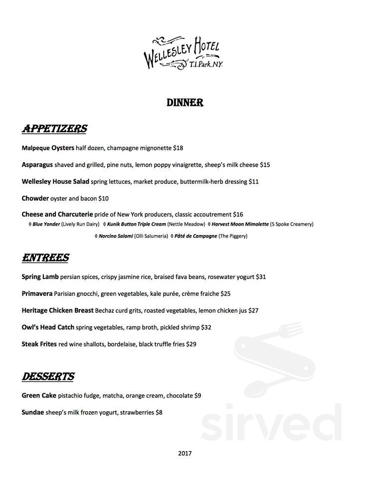 Wellesley Hotel & Restaurant menu in Thousand Island Park, New York, USA