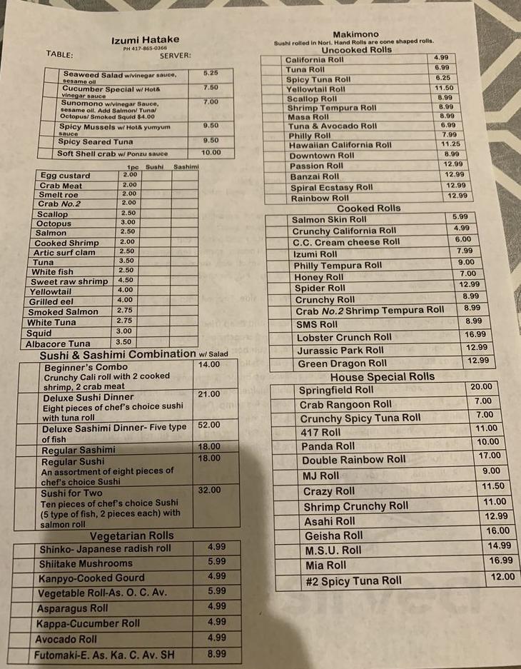 Izumi Hatake menu in Springfield, Missouri, USA