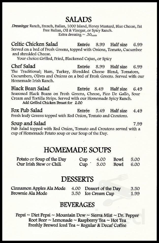 Menu for The Celtic Fox in Topeka, KS | Sirved
