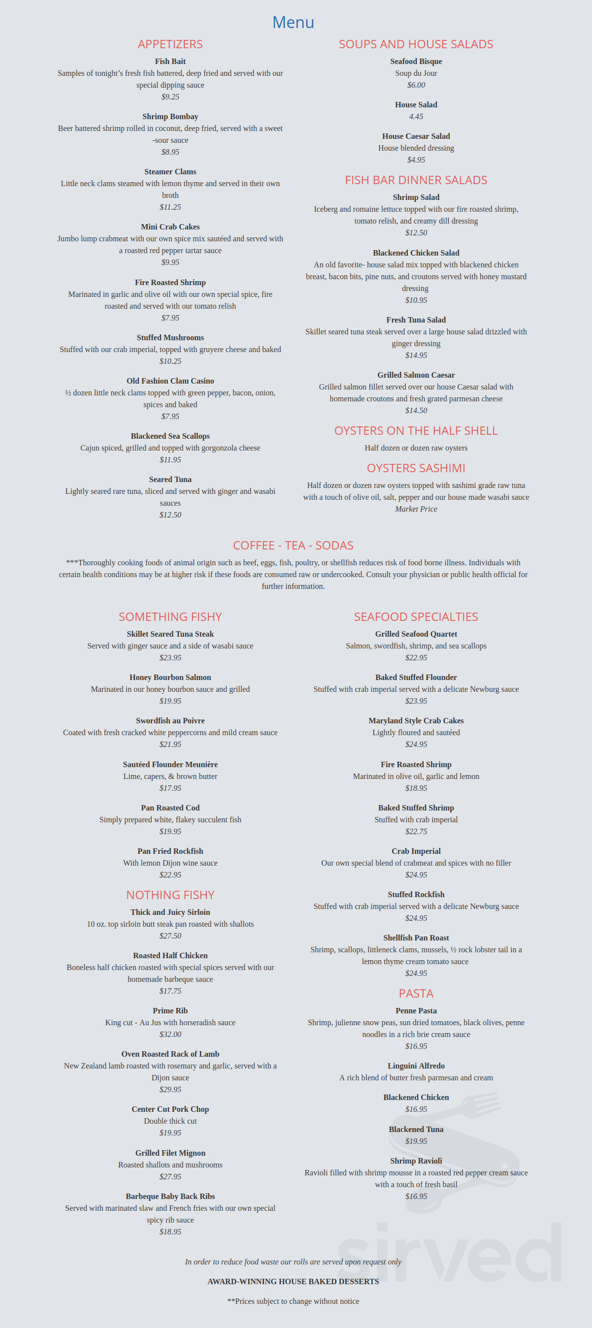 Menu for Cool Springs Fish Bar & Restaurant in Dover, DE | Sirved